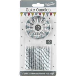 12 METALLIC SILVER SPIRAL CAKE CANDLES AND 12 HOLDERS